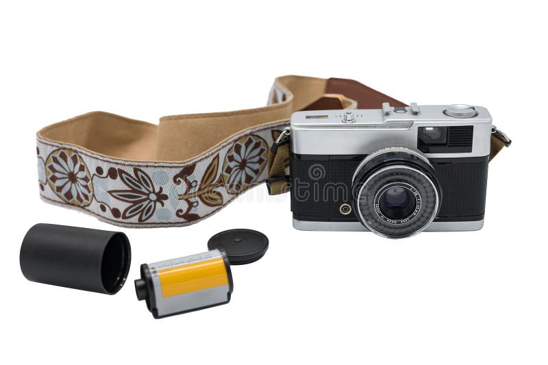 Old Compact Camera with a Nice Strap and a 35mm Film Reel. on White ...