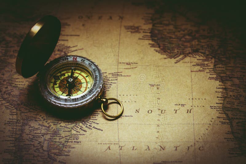 Old Compass on Antique Map. Stock Image - Image of brown, longitude ...