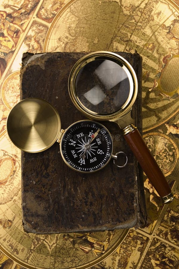 Old Brass Compass on a Treasure Map Stock Image - Image of discovery ...