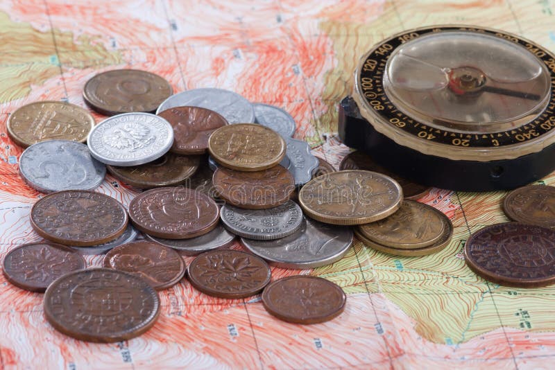 Old Compass and Coins on the Map Stock Photo - Image of currency, trip ...