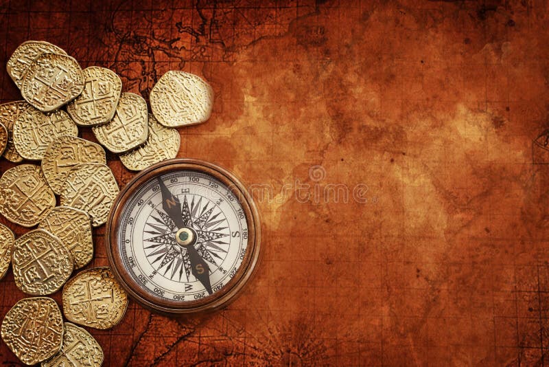 Compass on gold coins stock image. Image of bank, currency - 166767603