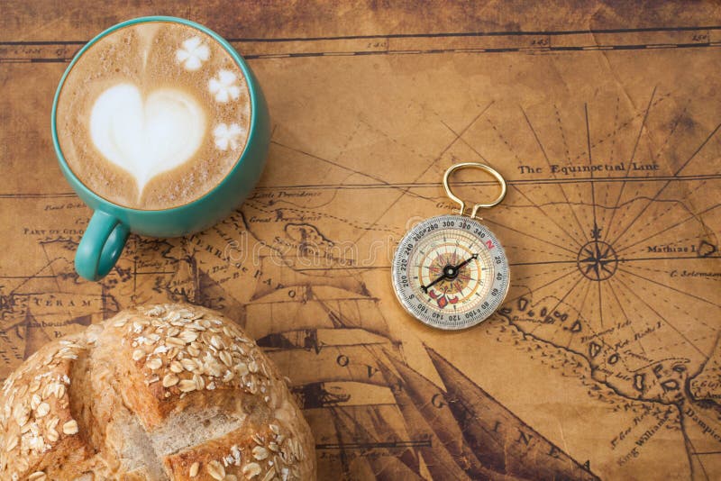 Old Compass and Late Art Coffee on Map Stock Photo - Image of late ...