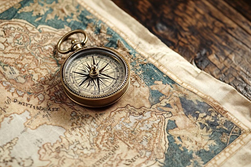 Old Compass Lying on Antique Map Showing Direction on Wooden Table ...