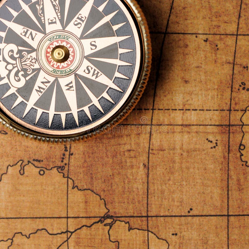 Compass on vintage map stock image. Image of south, nautical - 10622581