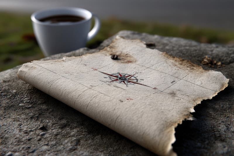 Old Compass Map and Steaming Coffee Cup Placed on Stone during a Calm ...