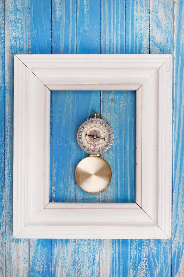 Old Compass in Photo Frame on Blue Background Stock Illustration ...
