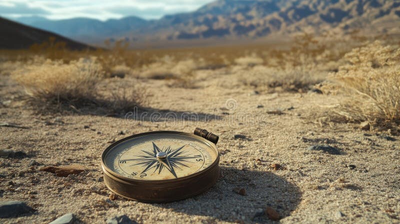 Old Compass on Sandy Desert Floor with Mountain Range Stock Image ...