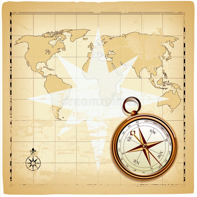Old compass on vintage map stock vector. Illustration of paper - 21958298