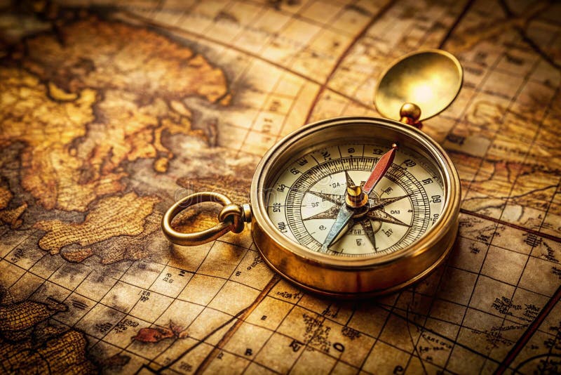 Old Compass on Vintage Map stock illustration. Illustration of tools ...