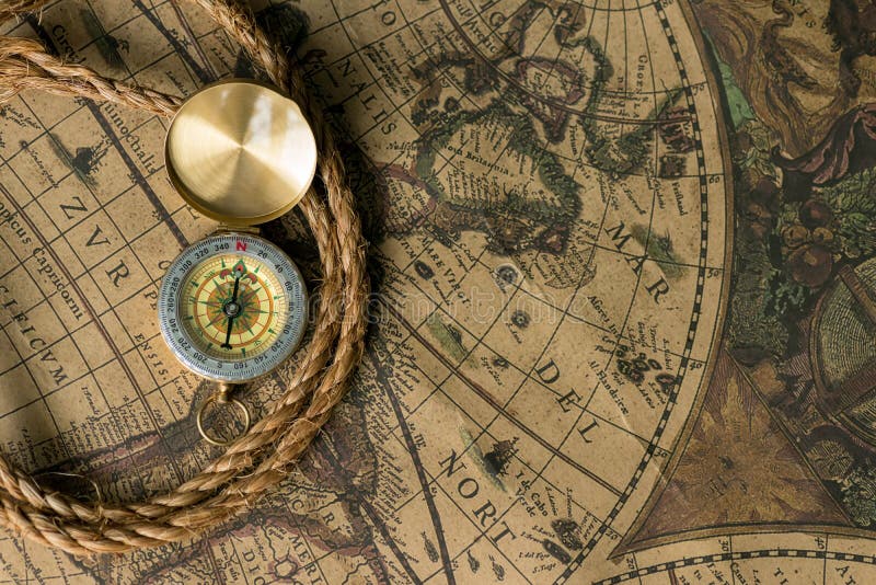 Old Compass on Vintage Map with Rope Stock Image - Image of geography ...