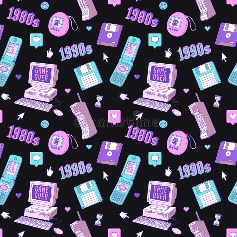Old Computer Aestethic 1980s -1990s. Set of Seamless Patterns with ...