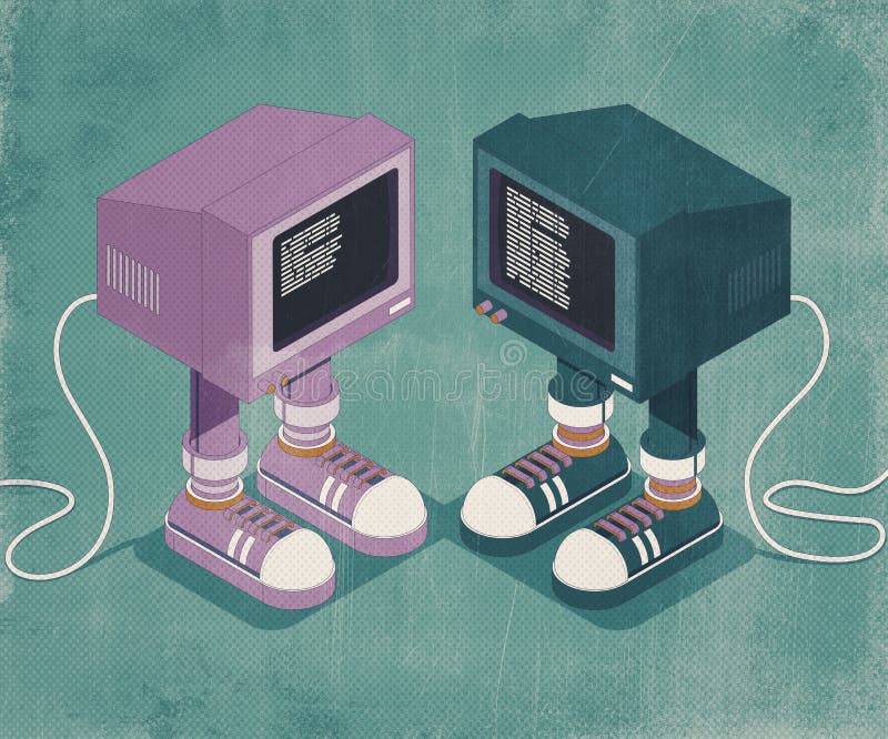 Old Computer Characters Looking at Each Other and Communicating through ...