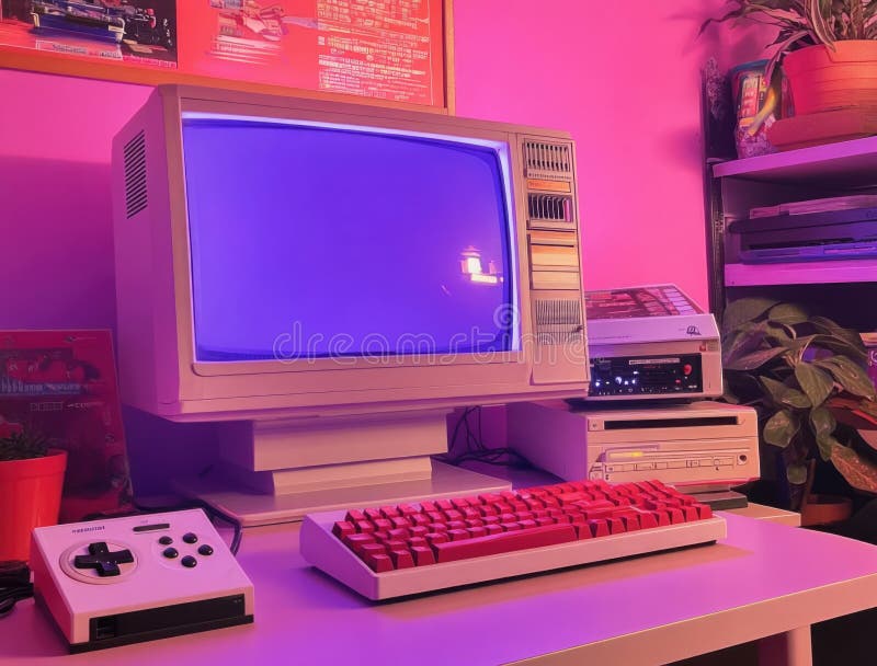 Old Computer and Controller and Gamepad on the Desk Stock Illustration ...