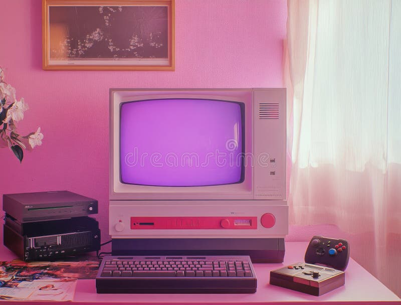 Old Computer and Controller and Gamepad on the Desk Stock Illustration ...