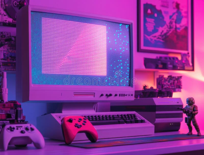 Old Computer and Controller and Gamepad on the Desk Stock Illustration ...