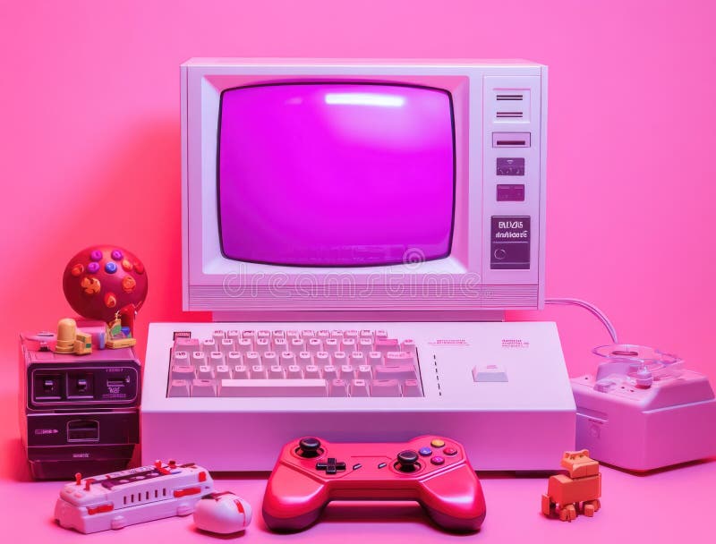 Old Computer and Controller and Gamepad on the Desk Stock Illustration ...