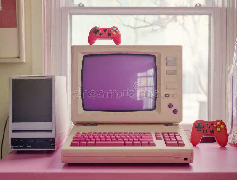 Old Computer and Controller and Gamepad on the Desk Stock Illustration ...
