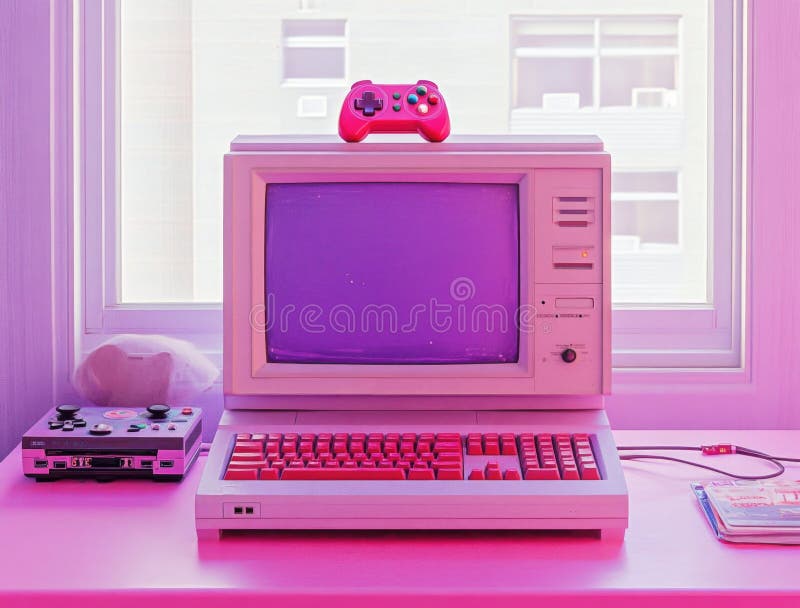 Old Computer and Controller and Gamepad on the Desk Stock Illustration ...