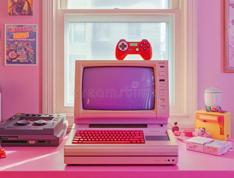 Old Computer and Controller and Gamepad on the Desk Stock Illustration ...
