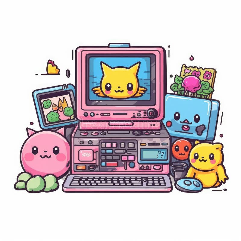 Old Computer or Game Machine Icon in Pop Art Kawaii Style on a White ...