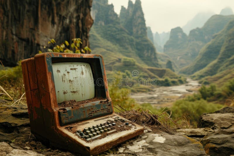 An Old Computer with a Keyboard and a Mountain Landscape Stock ...