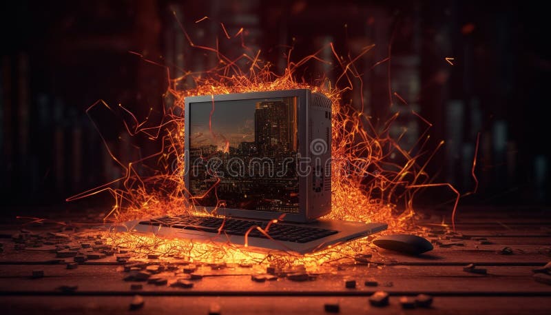 The Old Computer Monitor Glows, Flames of Technology Burning Inside ...