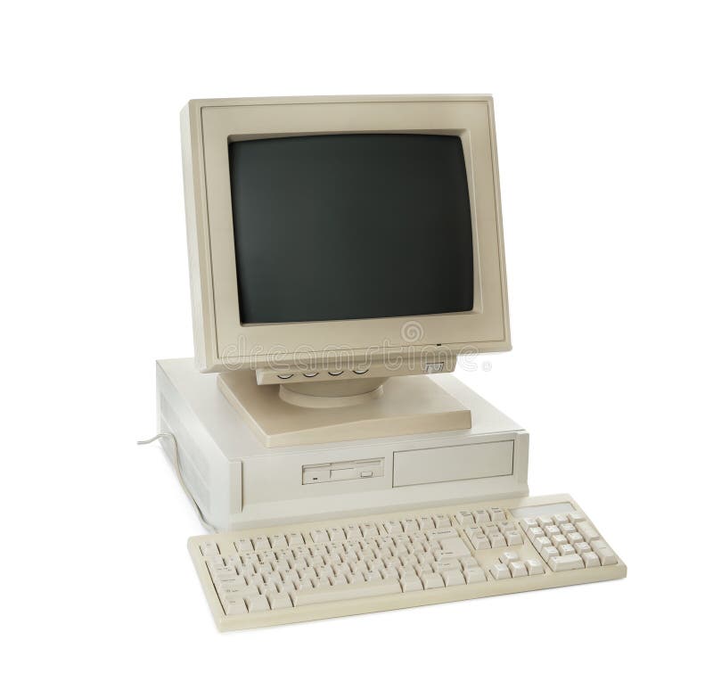 Old Computer Monitor, System Unit and Keyboard on White Background ...