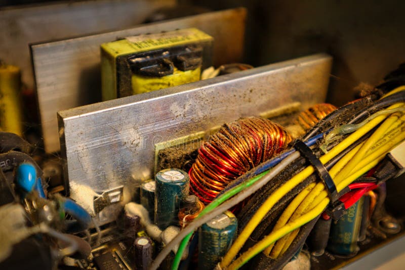 Old Computer Parts. Power Supply. Capacitors and Electronics Wires ...