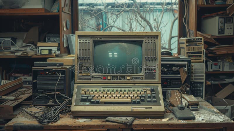 An Old Computer Sits Amid Clutter in a Vintage Workshop, Showcasing a ...