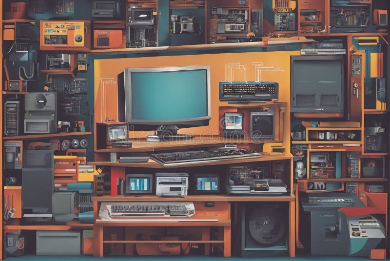 Old Computer Room Full of Old Computer Parts Stock Illustration ...