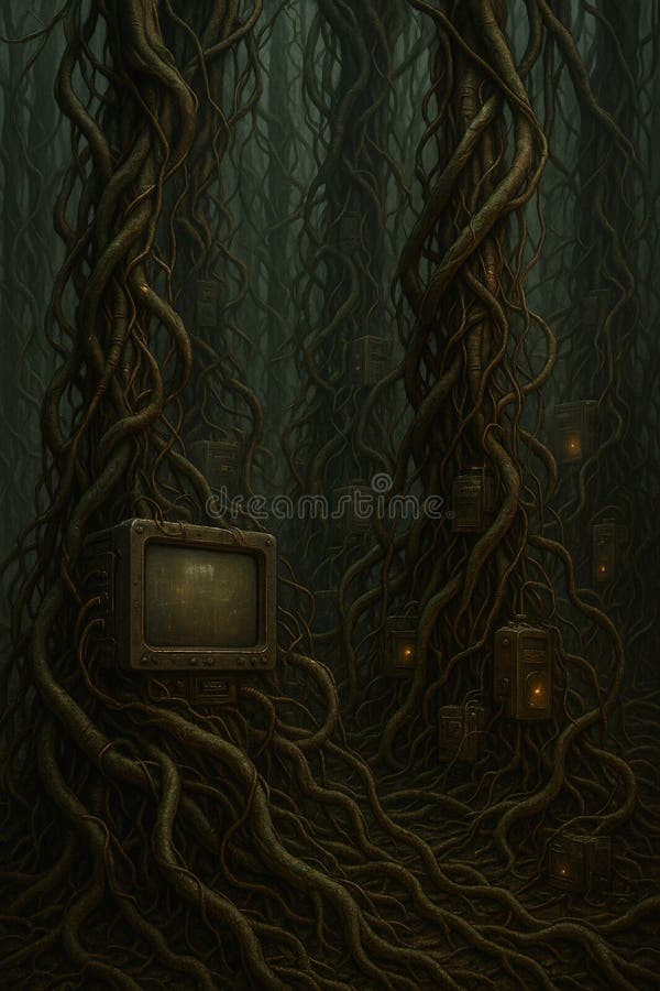 Old Computer Screens Embedded in Forest Roots Stock Illustration ...