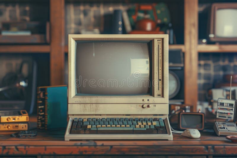 An Old Computer Sits Atop a Wooden Desk Stock Image - Image of history ...