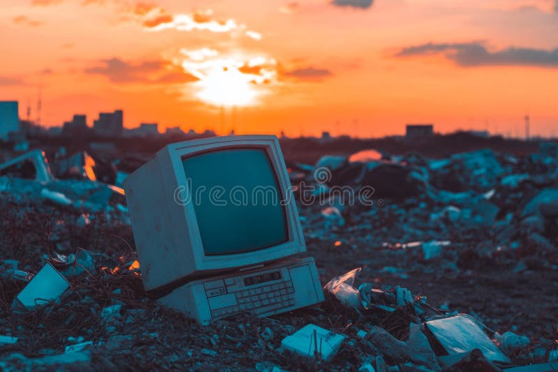 A Discarded Computer Rests among Trash. the Sunset Creates a Striking ...