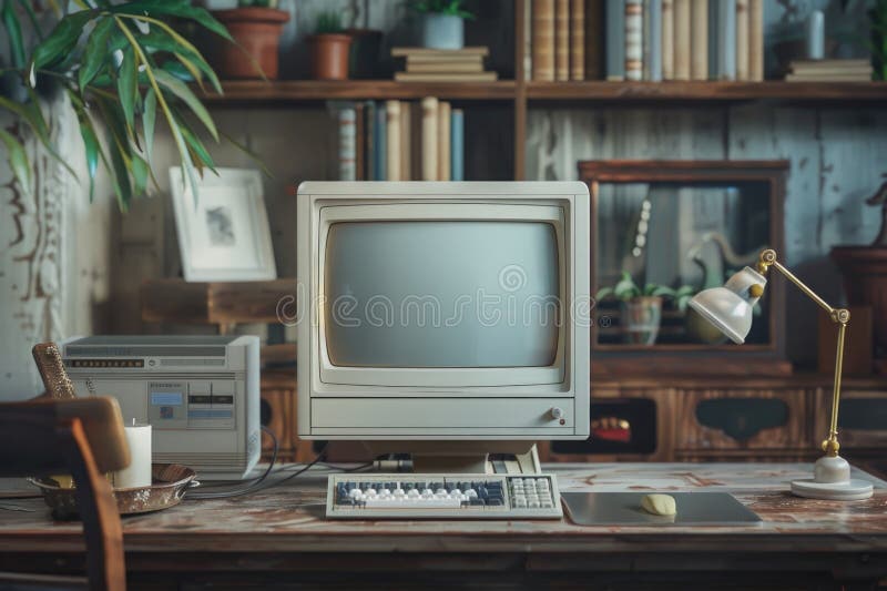 An Old Computer Sitting on a Wooden Desk Stock Image - Image of brown ...