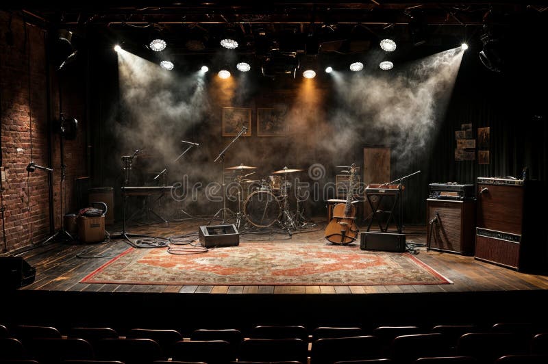 Old Concert Hall with Stage Equipment and Lighting in the Dark Stock ...