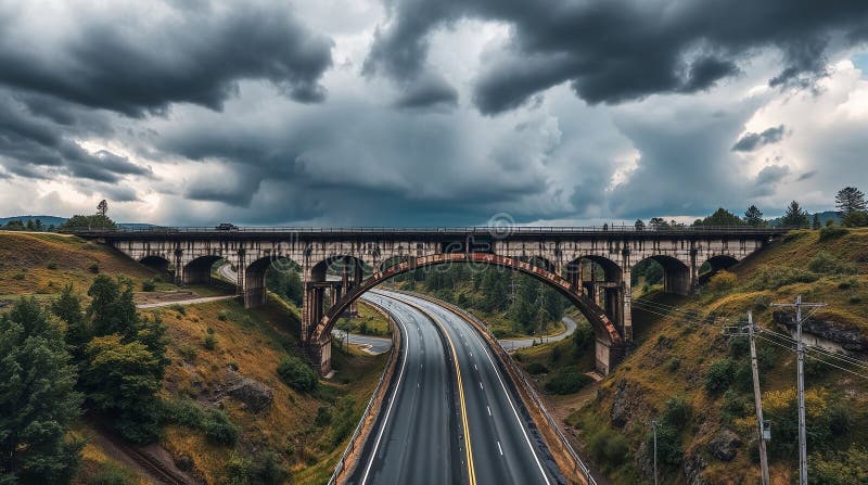 Old Concrete Arch Bridge Crossing Highway Under Stormy Sky Stock ...