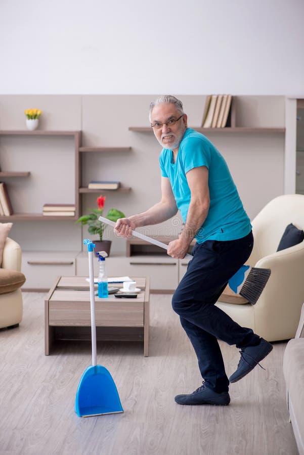 Old Male Contractor Cleaning the House Stock Image - Image of husband ...