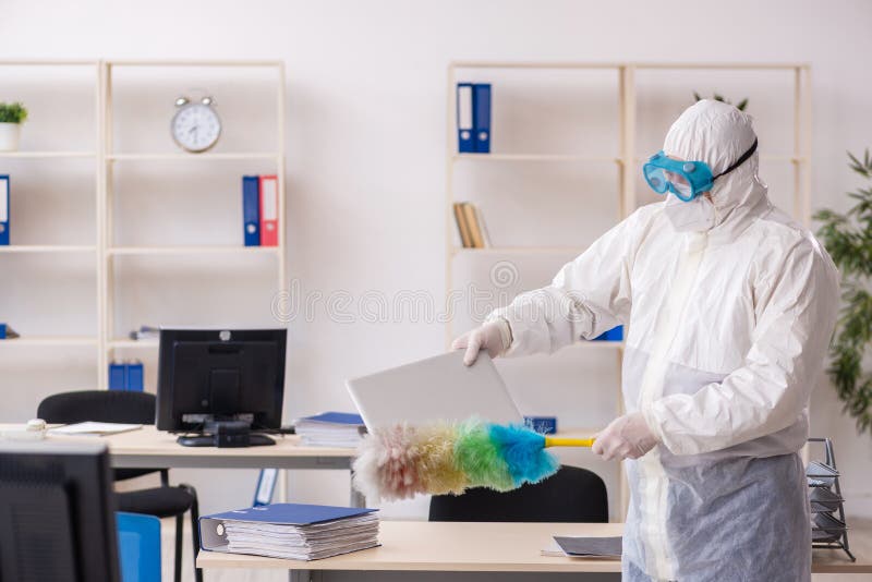 Old Male Contractor Cleaning the Office Holding Feather Stock Image ...