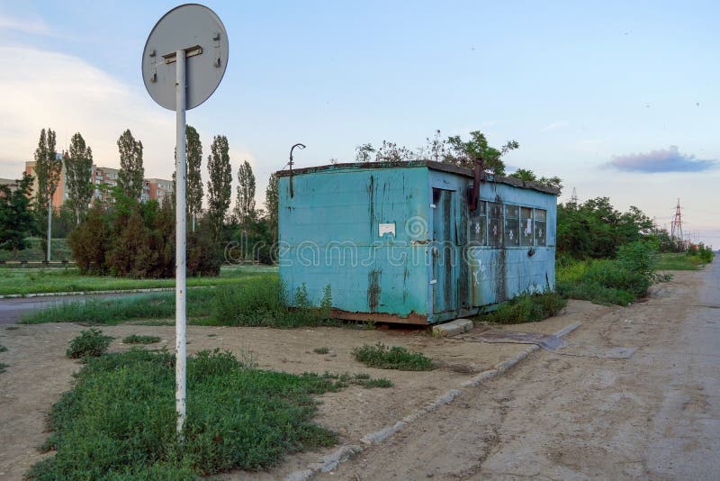 Old Contractor or Construction Trailer and Road Sign Stock Image ...