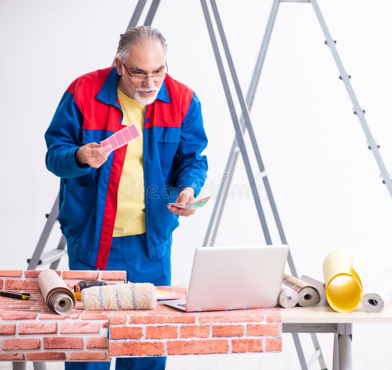 Old Contractor Doing Renovation at Home Stock Image - Image of internet ...