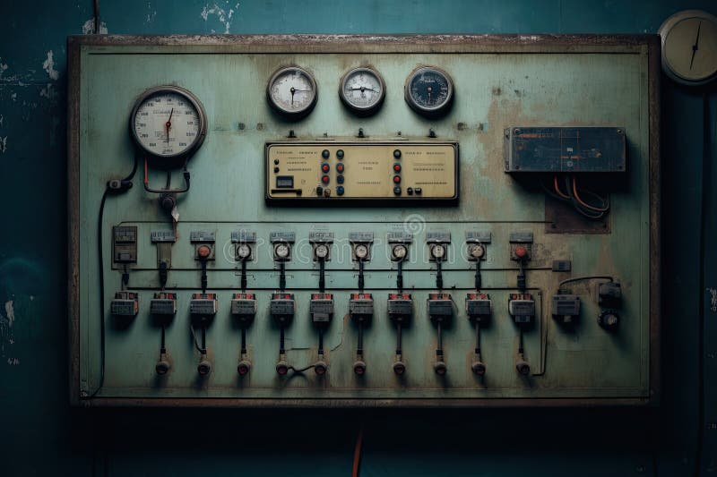 An Old Control Panel with Gauges, Switches, and Buttons on a Weathered ...