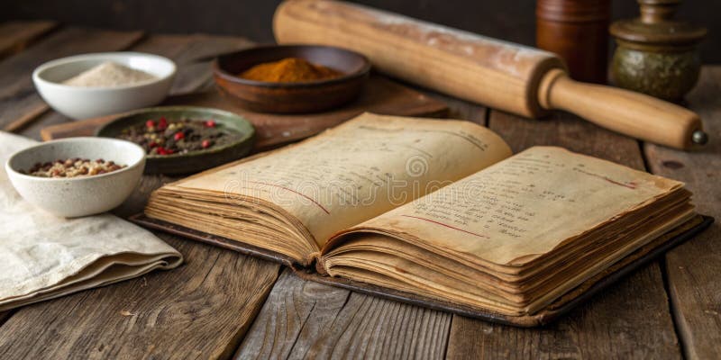 Old Cookbook Open on a Rustic Wooden Table Surrounded by Spices and ...