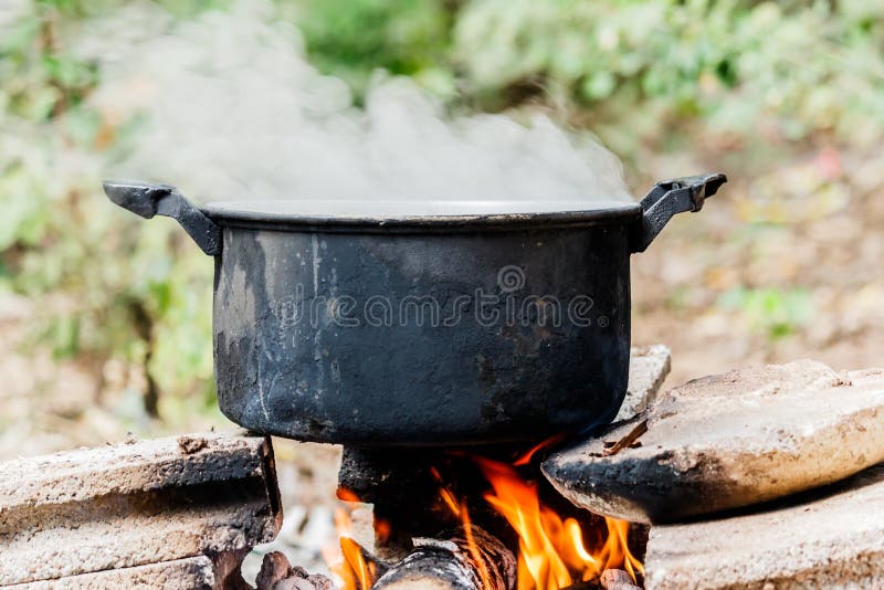 Old Cooking Pot Stove Using Firewood. Stock Photo - Image of flame ...