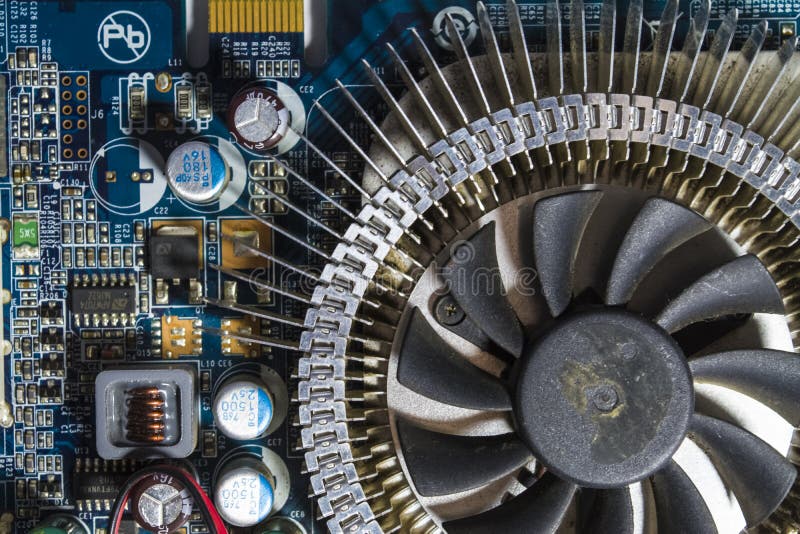 Old Cooler from the Computer. Motherboard of Blue Color. Repair of the ...
