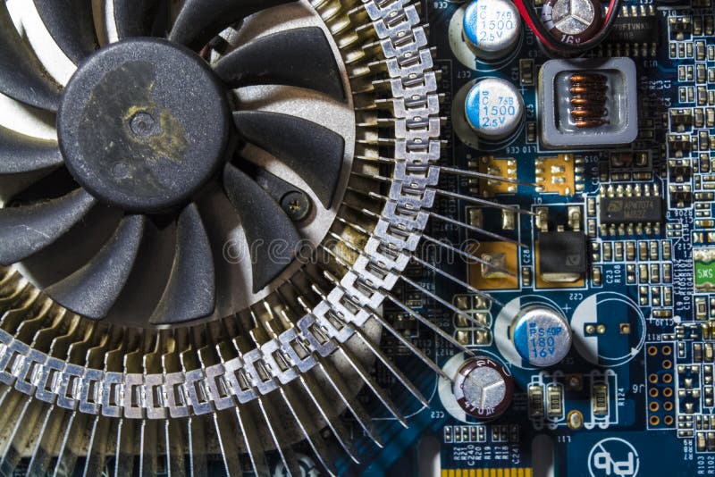 Old Cooler from the Computer. Motherboard of Blue Color. Repair of the ...