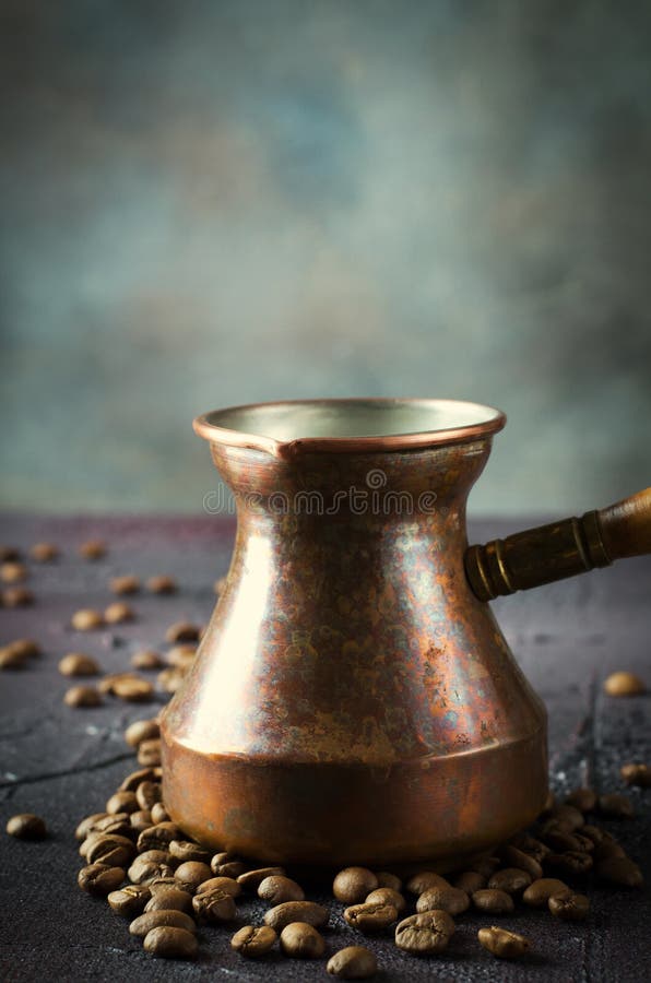 Old Copper Coffee Pot and Beans on Dark Rustic Background Stock Image ...