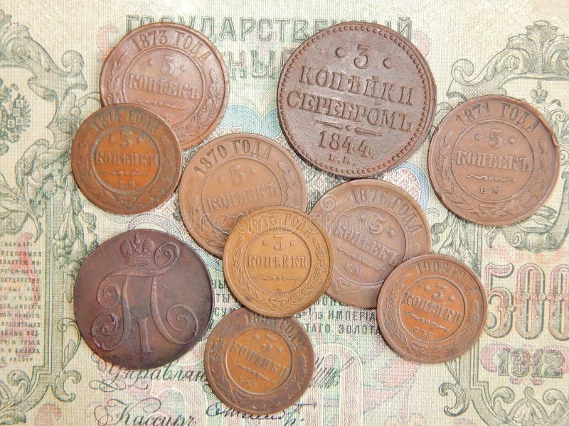 Old Copper Coins on Banknotes Stock Photo - Image of presenting ...