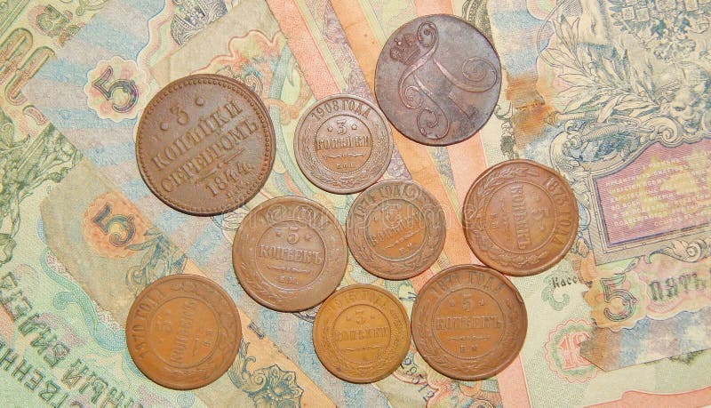 Old Copper Coins on Banknotes Stock Photo - Image of coins, person ...