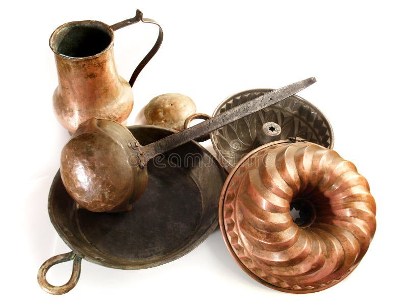 Old Copper Kitchenware and Cake Tin Isolated on White Background Stock ...