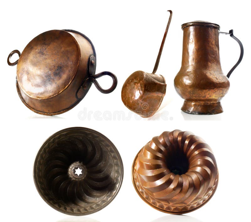 Vintage Copper Kitchenware and Cake Tin Isolated on White Background ...